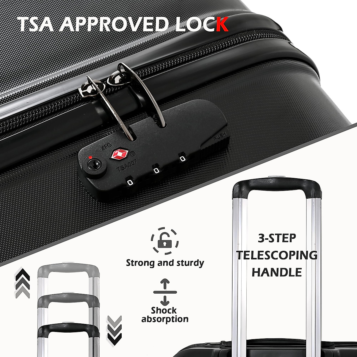 Luggage Sets 3 Piece, ABS+PC Hard Case Lightweight Suitcase Set, with TSA Lock and Spinning Silent Wheels, Large Suitcase (20/24/28)，Black