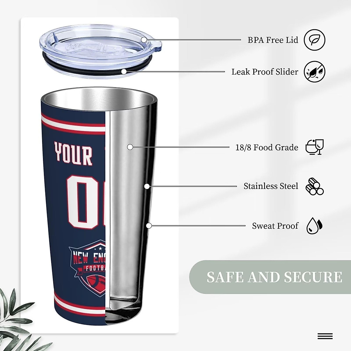 New England Custom 20oz Tumbler,Add Personalized Name and Number,Travel Coffee Mug, Stainless Steel, Insulated, Keep Drinks Cold and Hot,Gifts for Fans