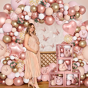 Amandir 135pcs Rose Gold Balloons Girl Baby Shower Decorations Baby Boxes, Butterfly Stickers Balloon Garland Arch Kit Baby Box with Letter (A-Z+Baby) for Wedding Bridal Birthday Party Decoration
