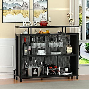 PAKASEPT Home Bar Unit, 3-Tier Liquor Bar Table with Wine Glasses Holder and Storage Shelves and Footrest, Wine Bar Cabinet for Home Kitchen Black