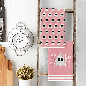 Artoid Mode Pink Ghost Spooky Halloween Kitchen Towels Dish Towels, 18x26 Inch Bow Knot Decoration Hand Towels Set of 2