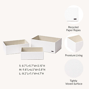 LA JOLIE MUSE Recycled Woven Paper Storage Baskets Set 3 - Stackable Paper Rope Storage Baskets for Organizing Container Bins for Shelves Cupboards Drawer, Small Woven Basket with Liner (White)