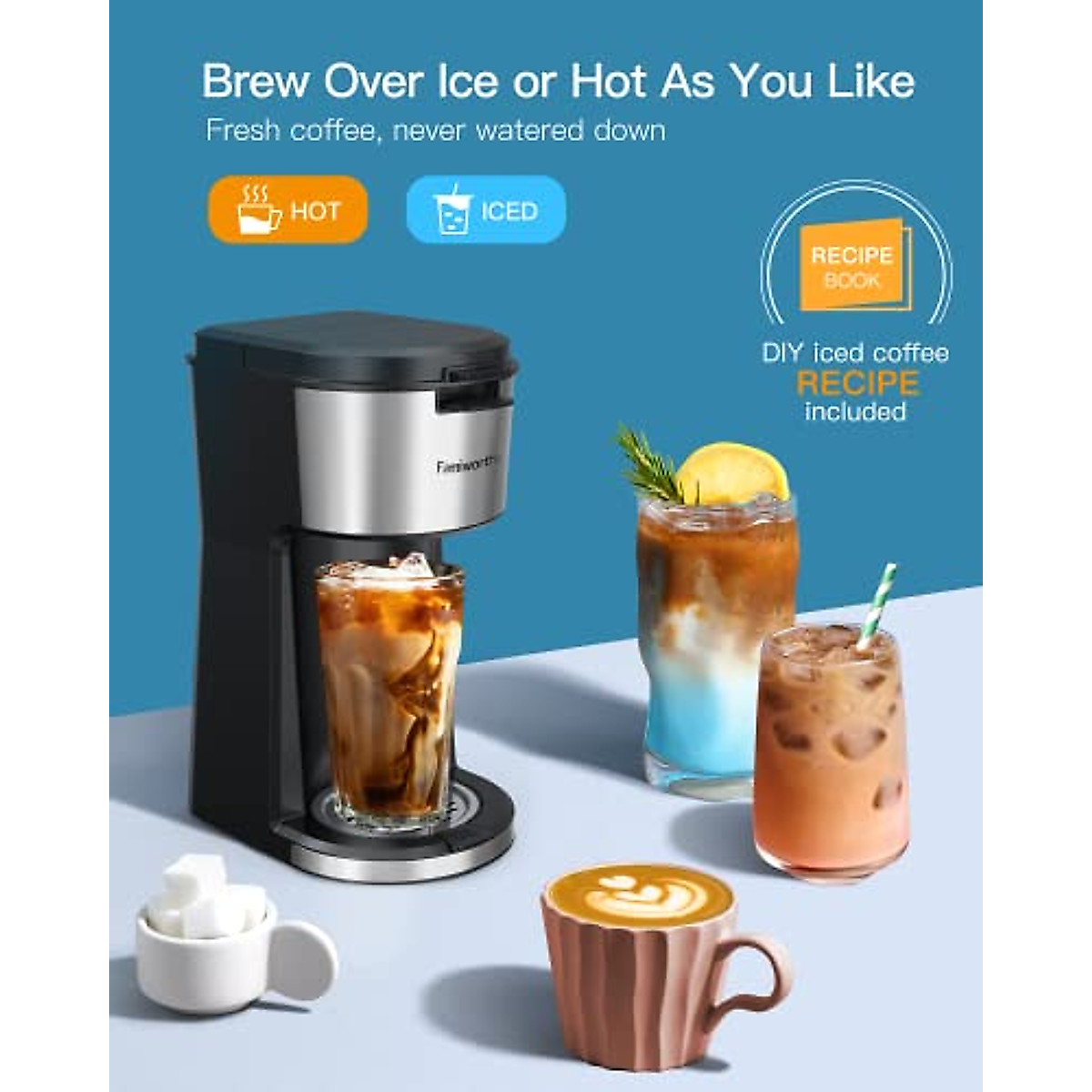 Famiworths Iced Coffee Maker, Hot and Cold Coffee Maker Single Serve for K Cup and Ground, with Descaling Reminder and Self Cleaning, Iced Coffee Machine for Home, Office and RV