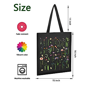 AUSVKAI Cute Canvas Tote Bag Aesthetic For Women College Grocery Bag Cotton Cloth Beach Totes Gift-Black Flowers