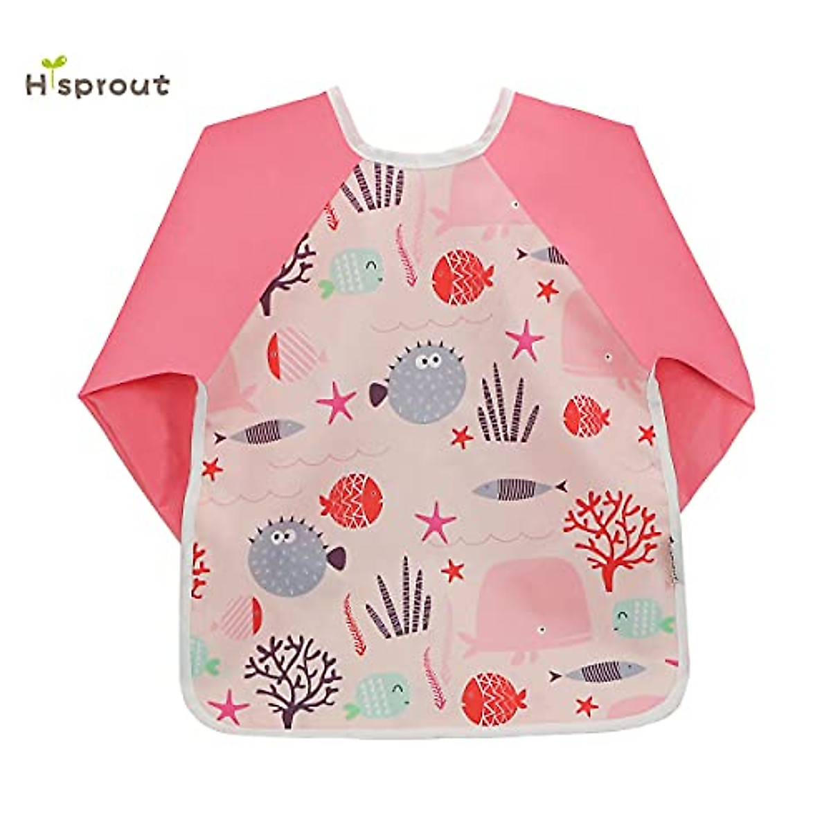 Hi Sprout Infant Toddler Baby Waterproof Sleeved Bib, Bib with Sleeves&Pocket, 6-24 Months (Pink Fish)