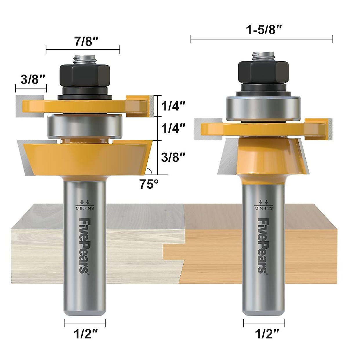 Fivepears Shaker Rail and Stile Router Bits Set 1/2 Inch Shank, 3/8 Inch Cutting Depth, Up to 7/8 Inch Stock, Shaker Style Router Bit for Making Kitchen Cabinet Door Wood Flooring Raise Panel.