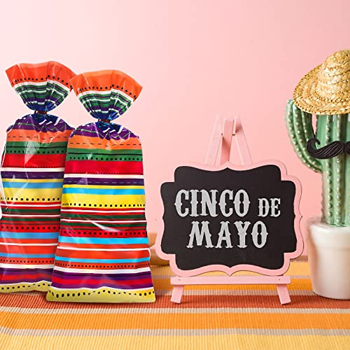 100 Pcs Mexican Fiesta Cellophane Treat Bags Party Favor Bag Cinco De Mayo Party Decorations, Mexican Candy Bags Fiesta Party Bags Goodie Gift Bag for Mexican Party Birthday, with 150 Red Twist Ties