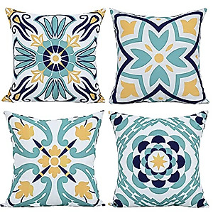 BOYSUM Set of 4 Outdoor Pillows Cover Waterproof Throw Pillow Covers Boho Cushion Cover for Patio Furniture 18x18 Inches Yellow