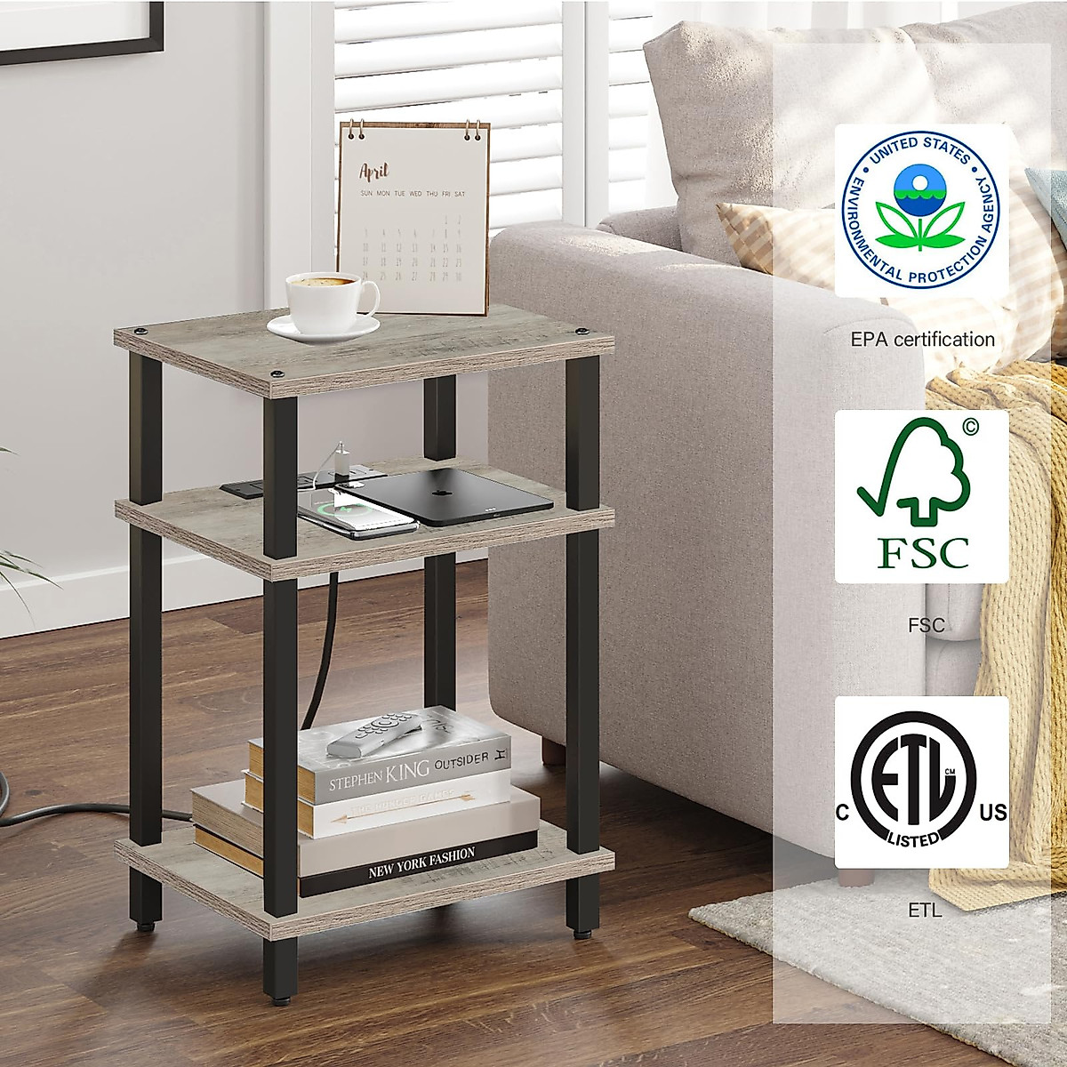 TUTOTAK Set of 2 End Table with Charging Station, Side Table with USB Ports and Outlets, Nightstand, 3-Tier Storage Shelf, Sofa Table for Small Space TB01BG0422