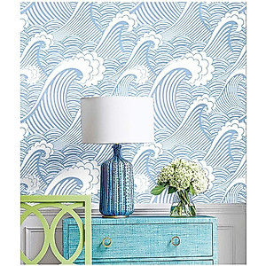 Blooming Wall CPS030 Peel&Stick Handpainting Seamless Blue White Waves Sea Sprays Self-Adhesive Prepasted Wallpaper Wall Mural (17.7“x118”)