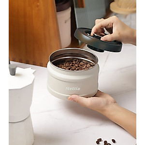 NETTIA Coffee canister 37OZ,Large Capacity Sealed Stainless Steel Food Container, Pressing to extract air type,Beige, 5.2" x 5.9"
