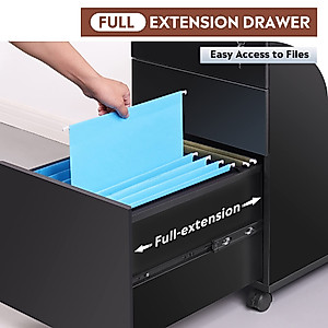 DEVAISE 3 Drawer File Cabinet with Lock, Small Rolling Filing Cabinet Under Desk, Wood Office Drawers Fits Letter/Legal/A4 Size Folders, Black