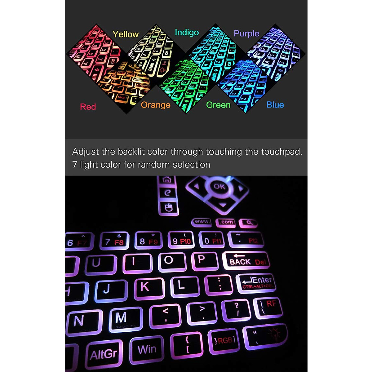 Mini Wireless Keyboard,Q9 Mini Keyboard with Touchpad,Colorful Backlit Small Wireless Keyboard,Mini Rechargeable Handheld Remote Keyboard for PC,Raspberry Pi 4, Android TV Box,KODI,Windows 7 8 10