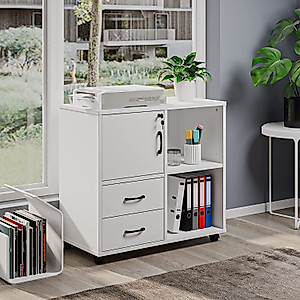 Office Storage Cabinet with 2 Drawers, Modern Rolling Cabinet with 3 Storage Shelves Printer Stand Table with Wheels for Home Office Storage (White)