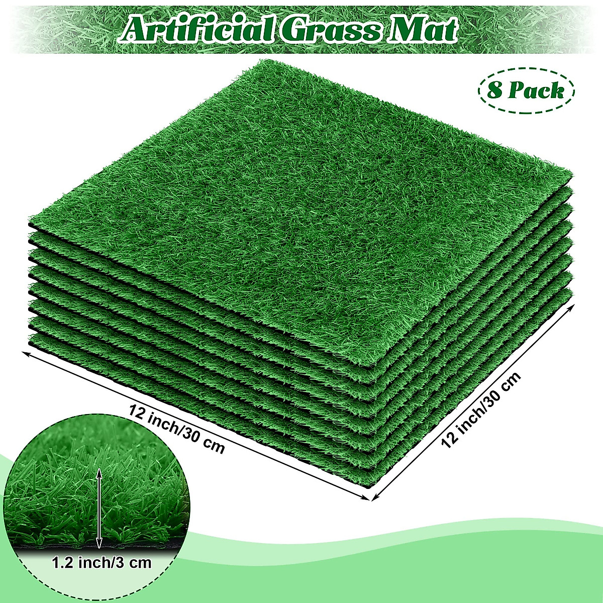 TURSTIN 8 Pieces Artificial Grass Mat 12 x 12 Inch Synthetic Grass Square Mats Fake Turf Patch Tiles Realistic Grass Rug for DIY Crafts Miniature Garden Indoor Outdoor Patio Flooring, Dark Green