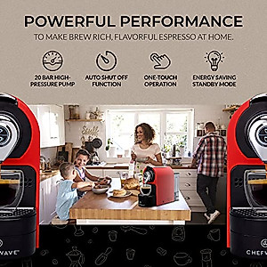 ChefWave Espresso Machine & Coffee Maker Compatible w/Nespresso Original Capsules (Red) - Programmable, One-Touch, Premium, Italian, 20 Bar High Pressure Pump with Pod Holder and Double-Wall Glasses