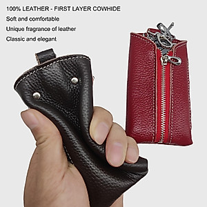 LFWATAXY Genuine Leather Key Holder Case - 6 Hooks with Coin Layer - Key Fob Cover - Ridge Key Holder - Leather Car Keychain