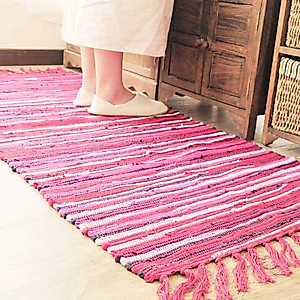 SERENITA Chindi Rug Reversible Rag Cotton Hand Woven Throw Area Rugs for Kitchen Bedroom Bathroom Livingroom Washable Stripe Red 22" x 36"