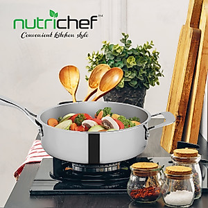 NutriChef 3.4-quart Saute Pan with Lid - PFOA/PFOS Free Stainless Steel Stain-Resistant Pan Kitchen Cookware w/Satin Interior, Polished Exterior, Hollowed Cast Handles - Works w/Model NCSSX45