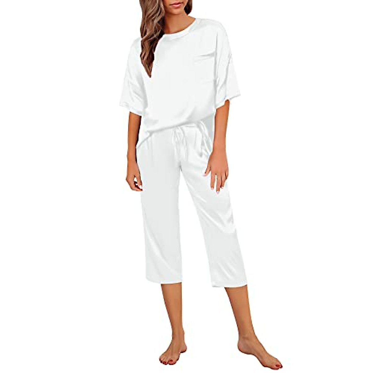SWOMOG Womens 2 Piece Satin Pajamas Silk Short Sleeve Pjs Sets Capri Bottom Pajama Pants Loose Outfit with Pockets White X-Large