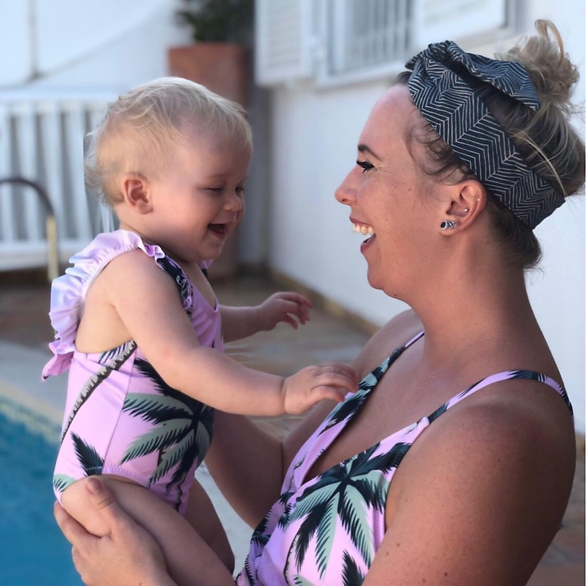 IFFEI Mommy and Me Swimsuits One Piece Monokini Bathing Suits Coconut Tree Printed V Neck Family Matching Swimwear Pink Men: M