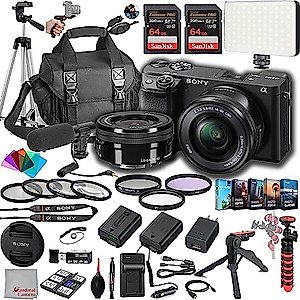 Sony a6400 Mirrorless Camera with 16-50mm Lens, 128GB Extreem Speed Memory,Microphone, 120LED Video Light, Tripod, Filters, Hood, Grip,Spare Battery & Charger, Editing Software Kit -Deluxe Bundle