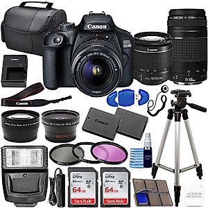 Canon EOS 2000D (Rebel T7) DSLR Camera w/Canon EF-S 18-55mm F/3.5-5.6 Zoom Lens + 75-300mm III Lens 4 Lens Kit with 2X 64GB Memory Cards, 3 Piece Filter Kit, Extra Battery, Case, Flash + Pro Bundle