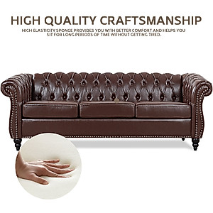 TINGMAMADEHUA Dark Brown Faux Leather 3-Seater Couch, 84in Sofas for Living Room, Bedroom, Office, with Rolled Arm, Deep Seating and Buttoned Classic Chesterfield Sofa