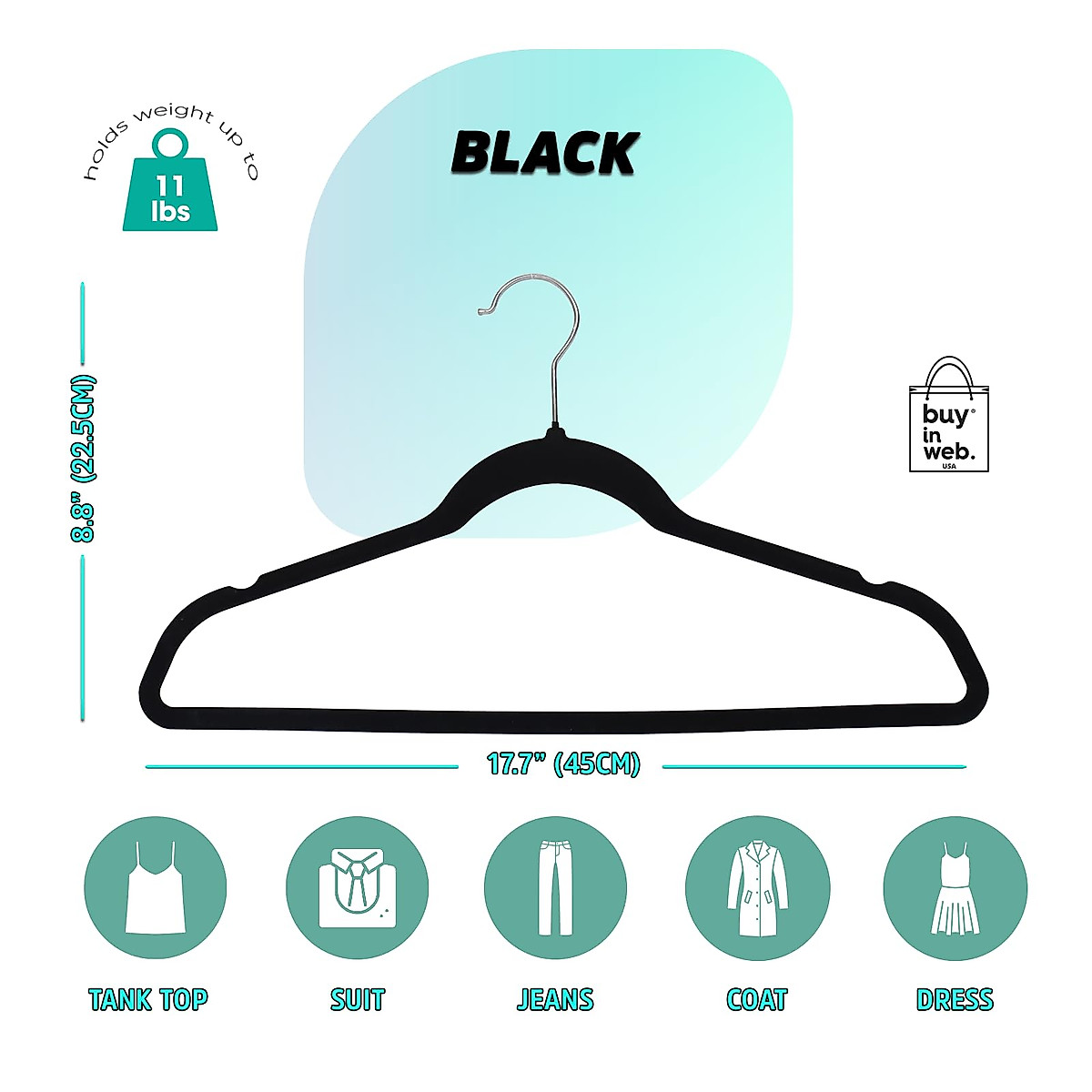 BUY IN WEB USA Black Velvet Hangers 50 Pack, Non Slip Clothes Hangers, Sturdy Space Saving Hangers for Suits, Shirts, Dresses & Jackets, Slim Velvet Hangers, Hold Up to 11lbs