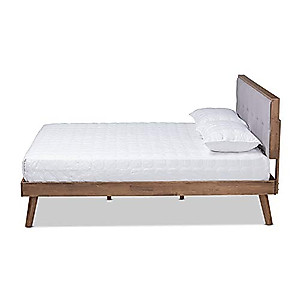 Baxton Studio Alke Mid-Century Modern Light Grey Fabric Upholstered Walnut Brown Finished Wood King Size Platform Bed