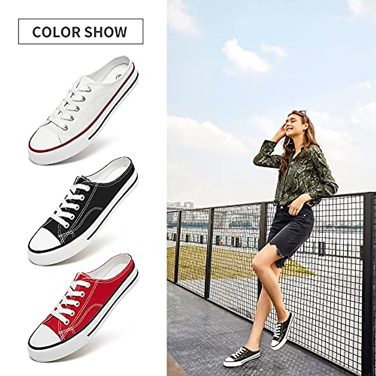 Women's Slippers Canvas Sneakers Slip on Shoes Non Slip Mules Backless Sneaker（Black.US7）