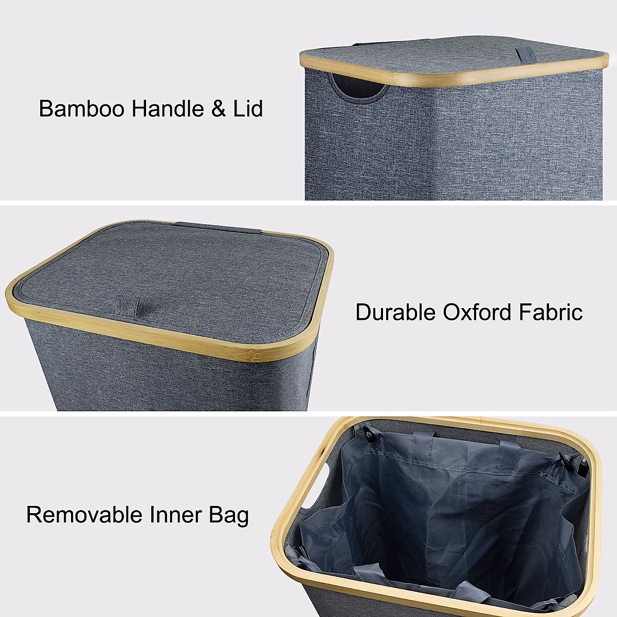 ZHSX Laundry Hamper/Basket with Lid, 100L Large Laundry Hamper/Basket/Bin with Bamboo Handle, Foldable Clothes Basket Organizer with Two Removable Inner Bags, Odor-Resistant and Waterproof(Grey)