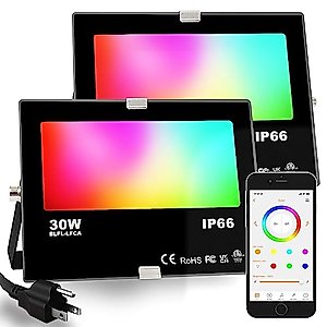 iLC LED Flood Light 30W Outdoor RGB Color Changing, Smart Floodlights RGBW 2700K Warm White & 16 Million Colors, 20 Modes, Grouping, Timing, IP66 Waterproof (2 Pack)