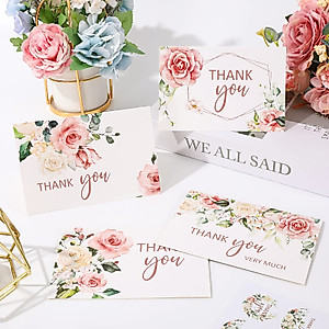 AnyDesign 32 Pack Thank You Cards with Envelopes Stickers Blush Floral Blank Note Cards Bulk 4 Design Flower Thank You Greeting Cards for Wedding Baby Shower Bridal Shower and All Occasions, 4 x 6