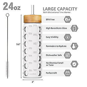MUKOKO 32oz Glass Water Bottles with 2 Lids-Handle Spout Lid&Bamboo Straw Lid, Motivational Water Tumbler with Time Marker Reminder and Silicone Sleeve, Leakproof-White-1 Pack
