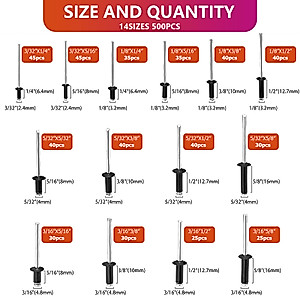 500pcs Black Rivets Pop Assortment Rivet Kit, Aluminum Assorted Blind Rivets 14 Sizes (3/32" 1/8" 5/32" 3/16"),with Reinfored Divider & Labeled Case
