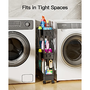 Pipishell Bathroom Cart, 2 Pack Slim Storage Cart Bathroom Organizer with Hanging Cups & Hooks, Bathroom Storage Rolling Cart for Bathroom, Laundry Room, Kitchen, Set of 2, PIUC07BK2