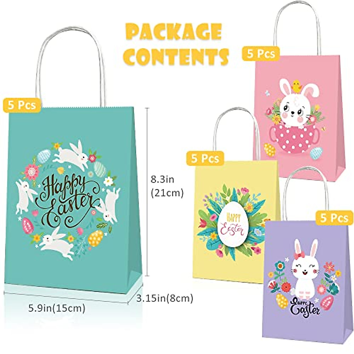 20 Pieces Happy Easter Day Treat Bags with Handles Large Goodie Gift Bags Recycled Cardboard Bags for Kids School Classroom Party Favor Supplies Decor Bunny and Eggs Easter Basket Containers