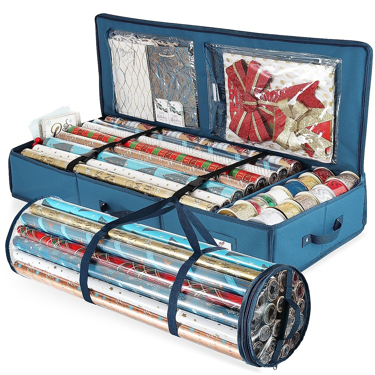 Hearth & Harbor Christmas Wrapping Paper Storage Containers - Gift Wrapping Organizer Storage Fits Up to 22 Rolls of 40" - Gift Wrap Organizer with Interior Pockets, Tear Proof - Gift Wrap Storage