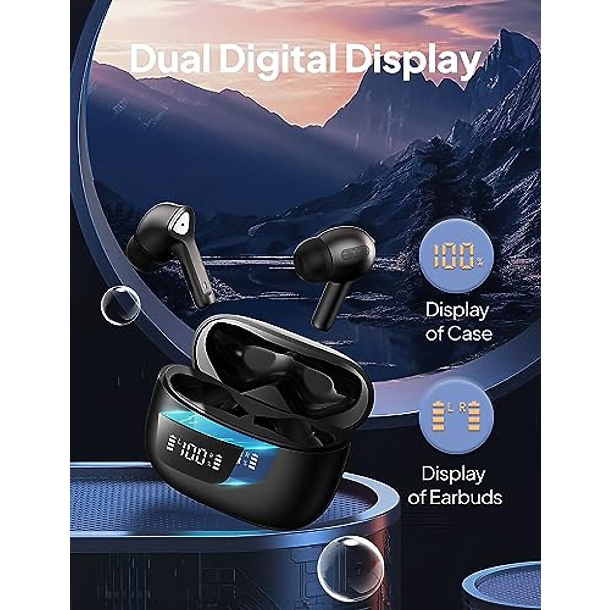 Wireless Earbuds Bluetooth V5.3 Headphones 50H Playback Deep Bass Stereo Ear Buds with LED Power Display Charging Case IPX7 Waterproof Earphones with Mic Headset for Laptop Pad Android/iOS Phones