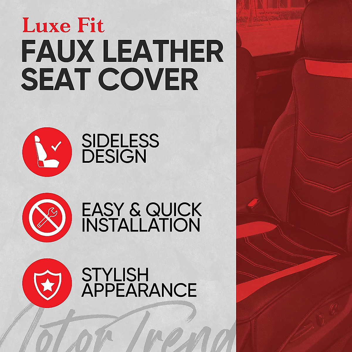Motor Trend LuxeFit Gray Seat Cover for Cars Trucks Van SUV (1 Piece), Premium Faux Leather Car Seat Cover, Easy to Install Automotive Seat Cover with Storage Pockets, Fits Most Vehicles