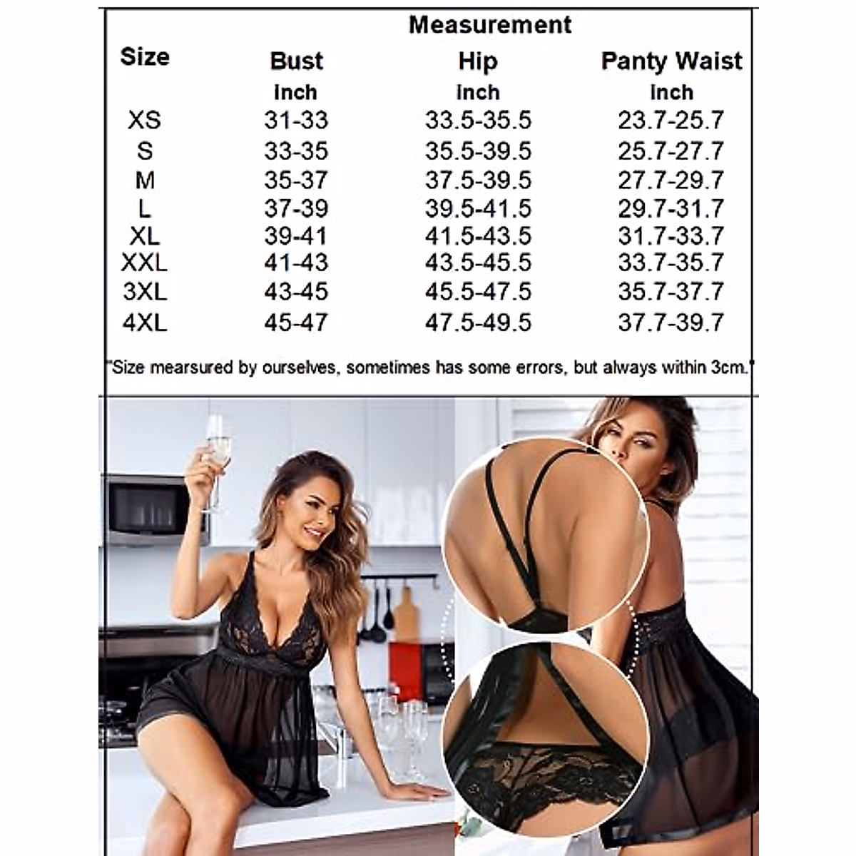 Avidlove Women V-neck Lace Babydoll Mesh Chemise Sleepwear Sexy Open Back Lingerie Black Large