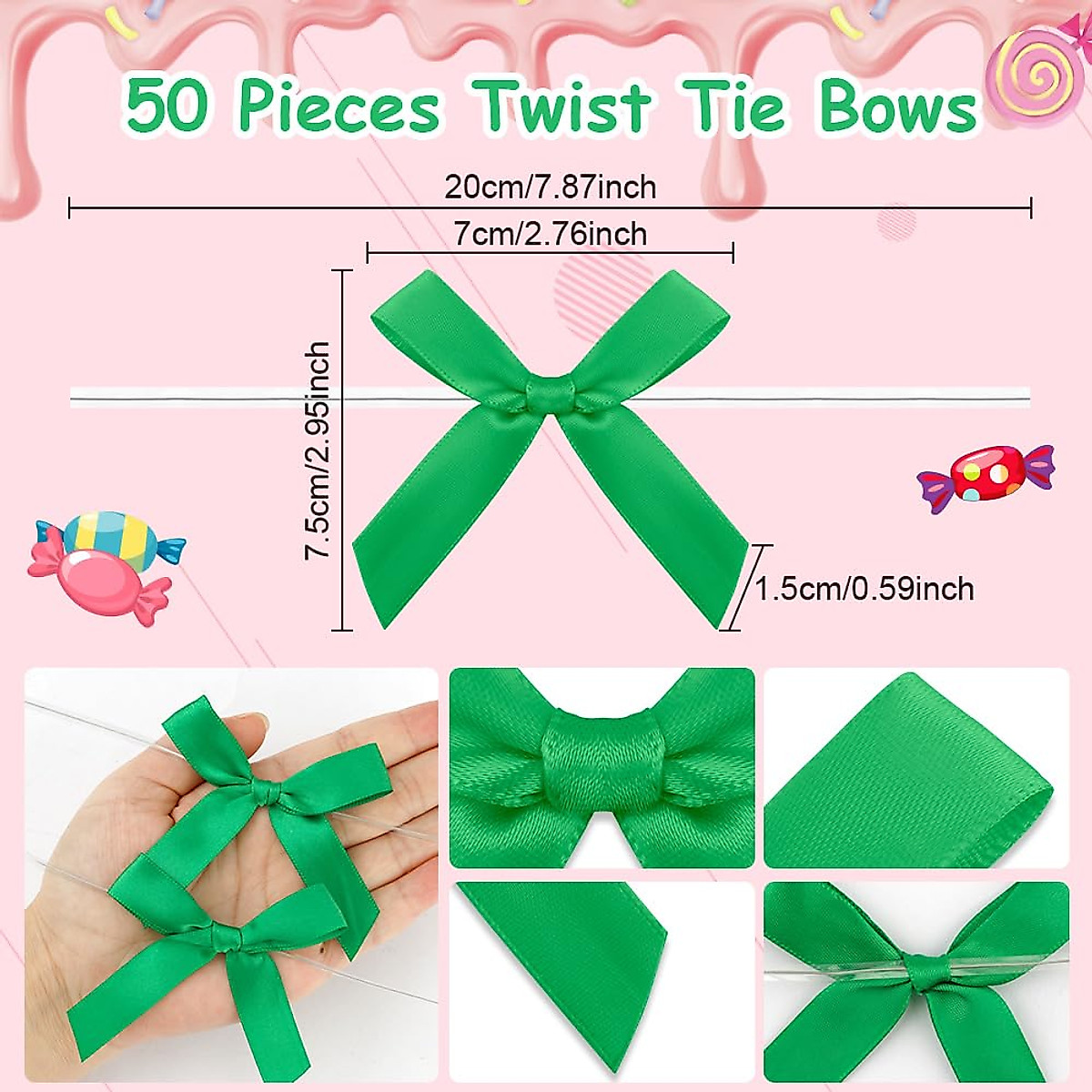 50 Pack Green Twist Tie Bow, Satin Ribbon Bows Small Bows for Crafts, Mini Bowties Bowknot for Gifts DIY Decorations Treat Bags, Gift Wrap Bags, Bakery Cookie Candy Bags Party Favors Packaging Bows