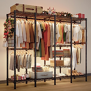 HOKEEPER Heavy Duty Clothes Rack Portable Closet Rack with Adjustable Shelves, Side Mesh Board and Hooks Freestanding Clothing Racks for Hanging Clothes Garment Racks Load 1500LBS 76"W*16"D*76"H Black