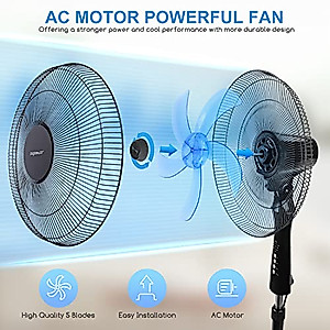 Aigostar 16“ Standing Fan, 5-Blade Oscillating Pedestal Fan with Remote Control, 3 Speed Settings, 3 Wind Modes, 7.5H Timer, Adjustable Height Cooling Fan for Bedroom, Home, Office, Black