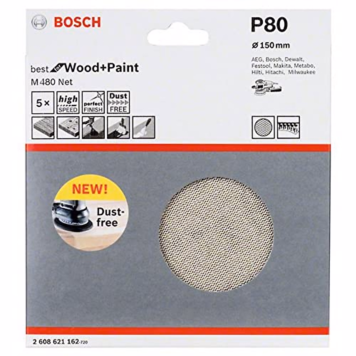 Bosch Professional 5x Sanding Sheet M480 Best for Wood and Paint (Wood and Paint, Ø 150 mm, Grit P80, Accessories Orbital Sander)