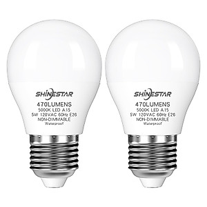 SHINESTAR 2-Pack Refrigerator Light Bulb, 5 Watt (40W Equivalent), Waterproof A15 LED Bulb, Non-dimmable Appliance Bulbs with E26 Base, 5000K Daylight