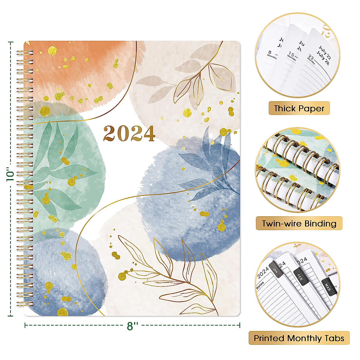2024 Planner - Planner/Calendar 2024, Jan. 2024 - Dec. 2024, 2024 Planner Weekly and Monthly with Printed Tabs, 8" x 10", Flexible Cover with Thick Paper + Twin-Wire Binding - Waterink