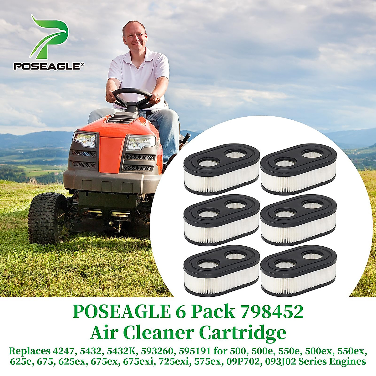 POSEAGLE 6 Pack 798452 Air Cleaner Cartridge Replaces 4247, 5432, 5432K, 593260, 595191 for 500, 500e, 550e, 500ex, 550ex, 625e, 675, 625ex, 675ex, 675exi, 725exi, 575ex, 09P702, 093J02 Series Engines
