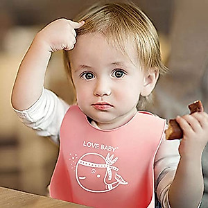 Eimmabey Silicone Bibs for Babies and Toddlers 2 Sets Feeding Bibs for Boy and Girl, Adjustable Soft Waterproof Bibs with Food Catcher Dinosaur